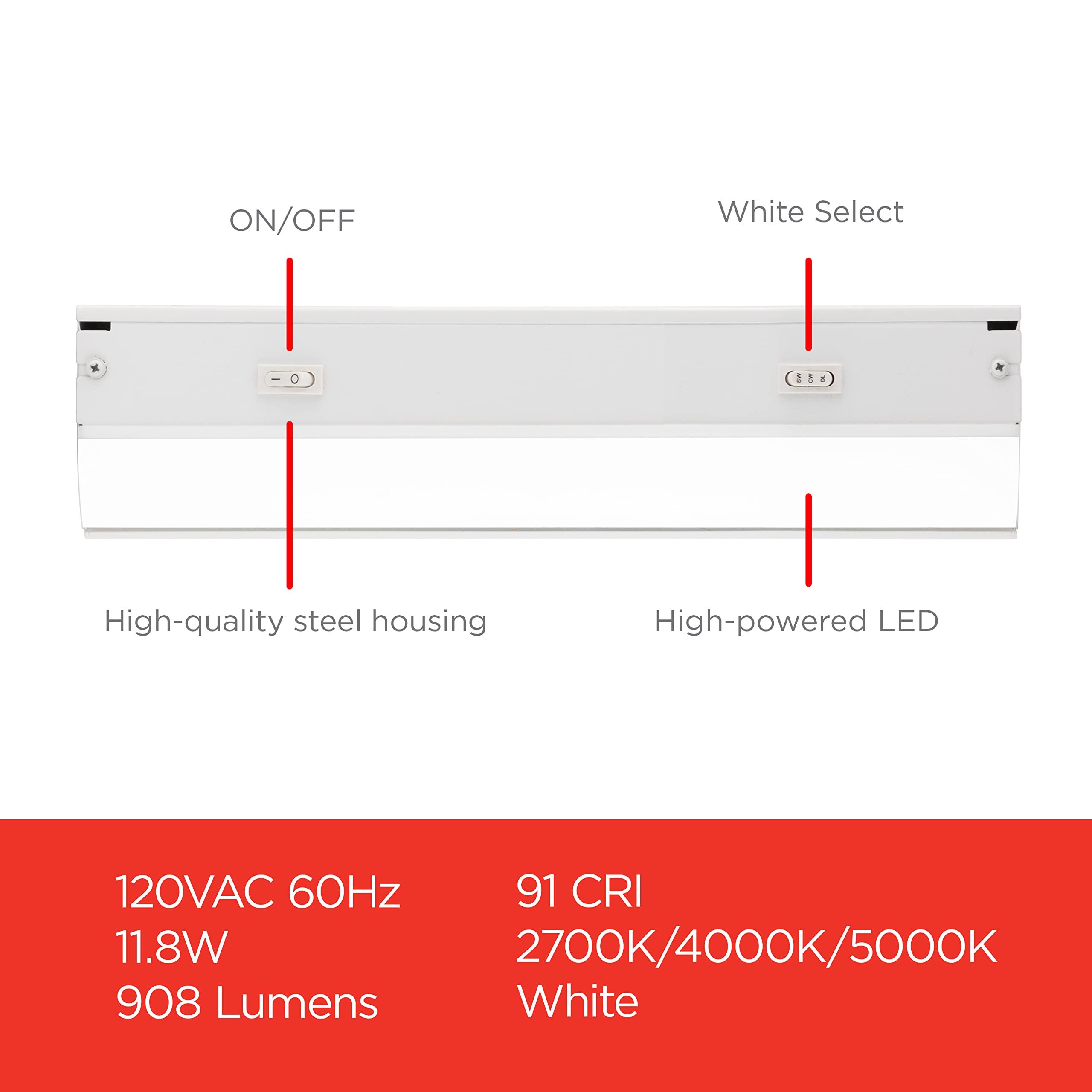 UltraPro 24 inch Hardwired Under Cabinet Lights, 3 Color Settings - 2700K/4000K/5000K - Warm White, Cool White, and Daylight, Under Cabinet Lighting, Dimmable Under Counter Lights for Kitchen, 45368