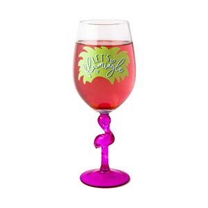 bigmouth flamingo wine glass – cute wine glass holds up to 16 oz – glass that reads, “let’s flamingle”, make a great gift for wine lovers, pink flamingo stem, clear