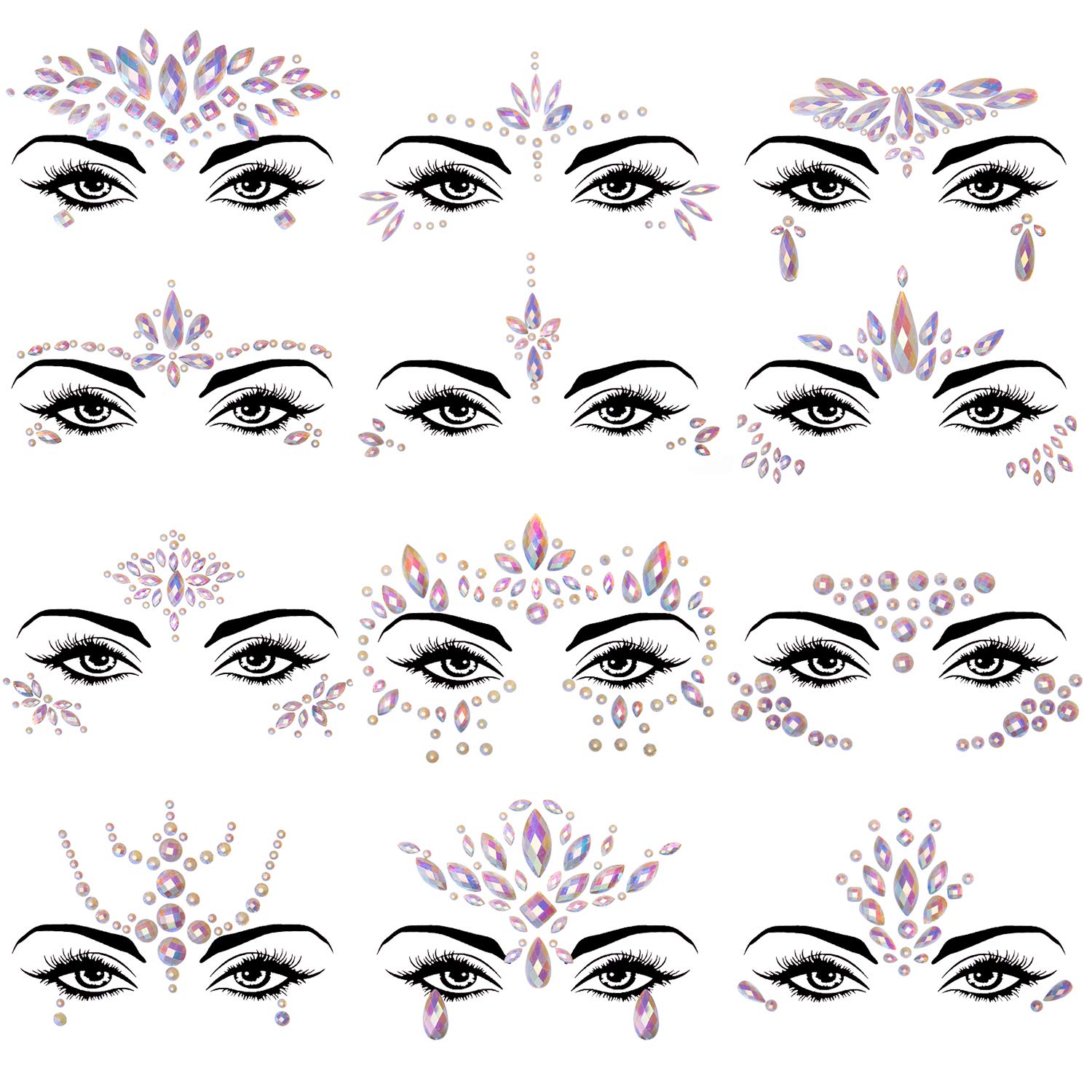 SIQUK 12 Sets Face Jewels Noctilucent Face Gems Luminous Mermaid Temporary Tattoo Stickers Acrylic Face Crystal Stickers for Party Rave Festival