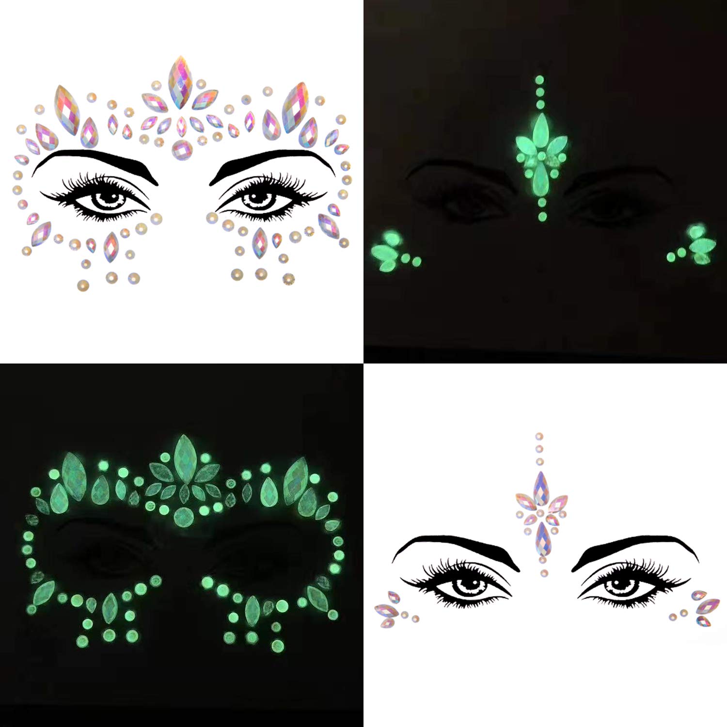 SIQUK 12 Sets Face Jewels Noctilucent Face Gems Luminous Mermaid Temporary Tattoo Stickers Acrylic Face Crystal Stickers for Party Rave Festival