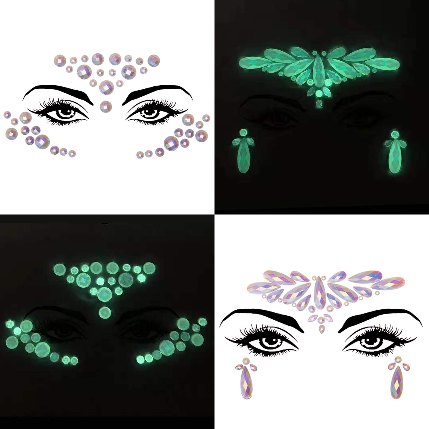 SIQUK 12 Sets Face Jewels Noctilucent Face Gems Luminous Mermaid Temporary Tattoo Stickers Acrylic Face Crystal Stickers for Party Rave Festival