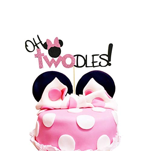 Oh Twodles Pink Mouse Cake Topper Mouse Second 2nd Birthday Party Supplies Decorations for Baby Girl Bday