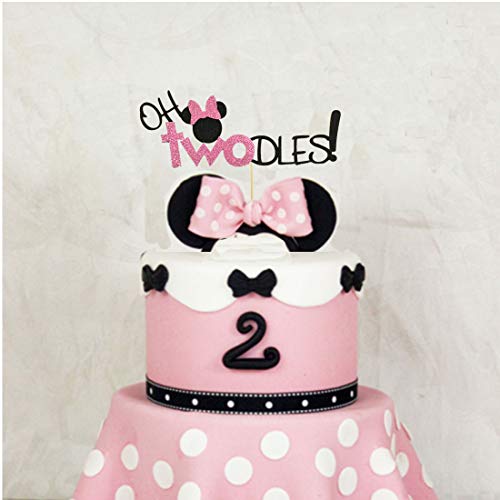 Oh Twodles Pink Mouse Cake Topper Mouse Second 2nd Birthday Party Supplies Decorations for Baby Girl Bday