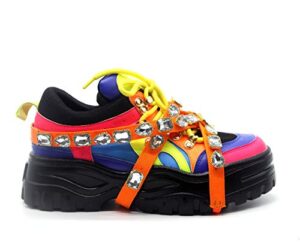 cape robbin chunk fever neon multicolor mesh trim jewel straps lug sole sneaker (7, neon multi)