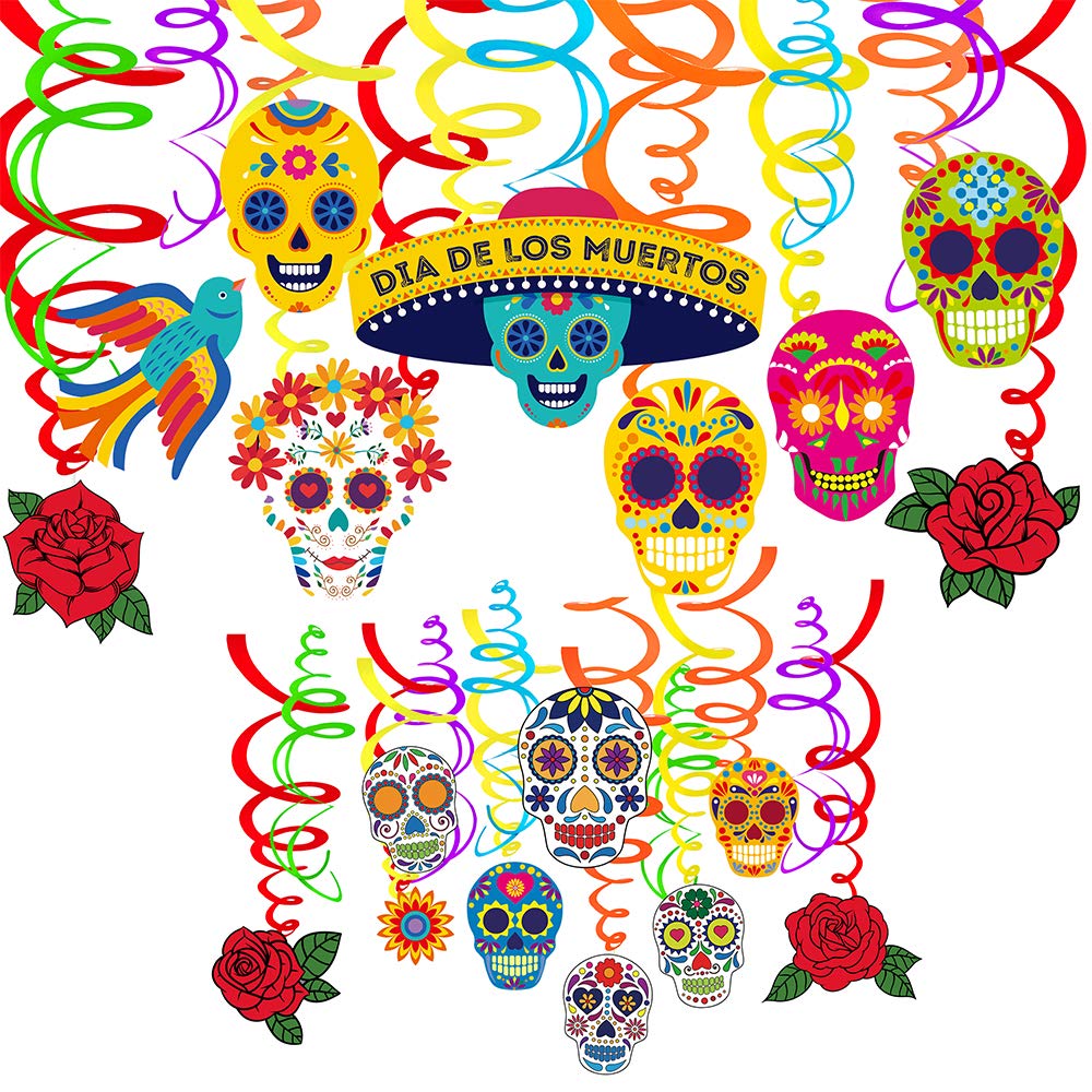 Supla 32 Pcs Day of The Dead Hanging Swirl Decorations Mexican Party Swirls Streamers Hanging Ceiling Décor with Assorted Sugar Skull Rose Bird Flower Cutouts for Día de Los Muertos Halloween Party