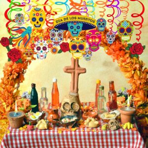 Supla 32 Pcs Day of The Dead Hanging Swirl Decorations Mexican Party Swirls Streamers Hanging Ceiling Décor with Assorted Sugar Skull Rose Bird Flower Cutouts for Día de Los Muertos Halloween Party