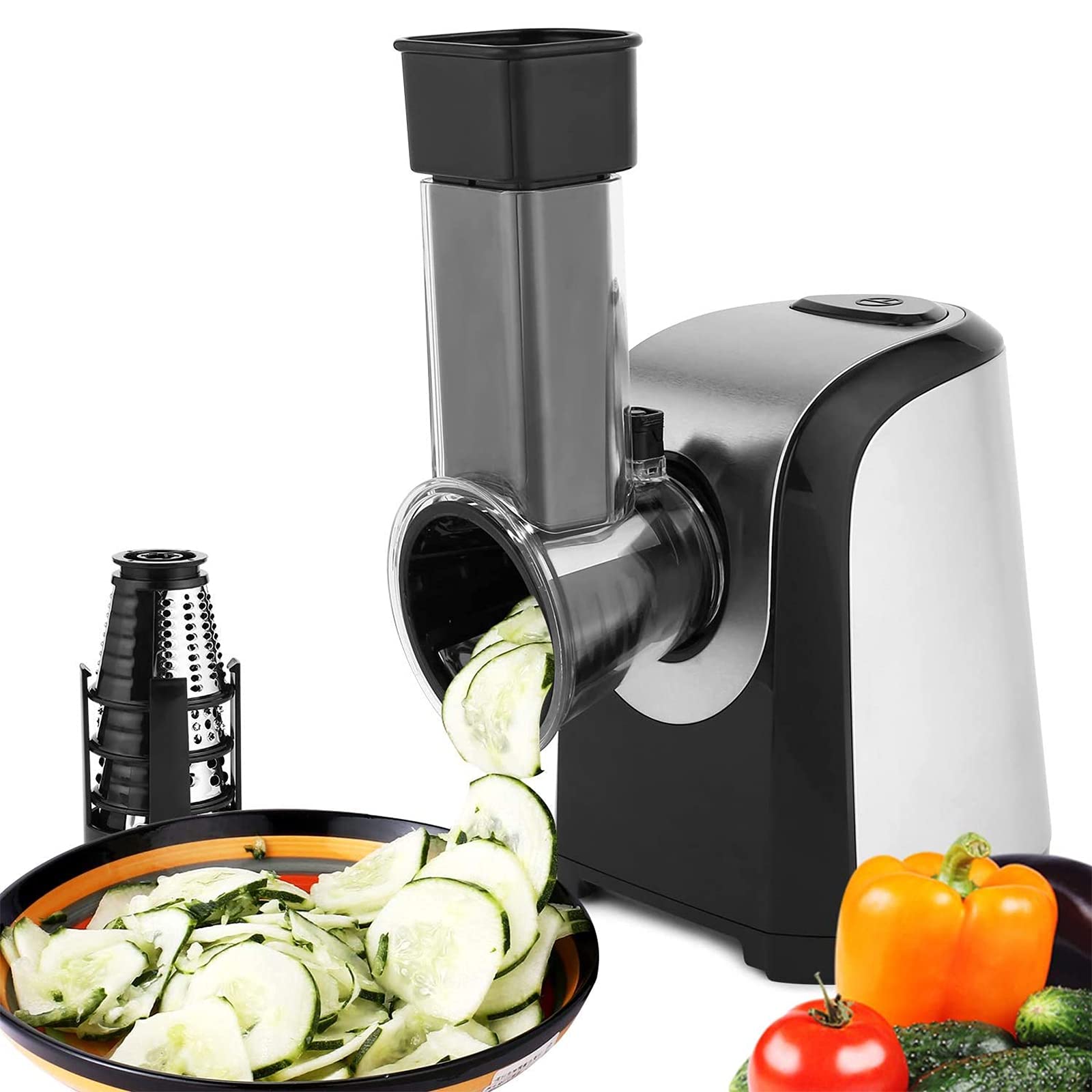 Plohee Electric Slicer Shredder Salad Shooter - 150W One-Touch Control Cheese Shredder, Fruits Vegetable Cutter Cheese Grater with 5 Attachments for Home Kitchen Use