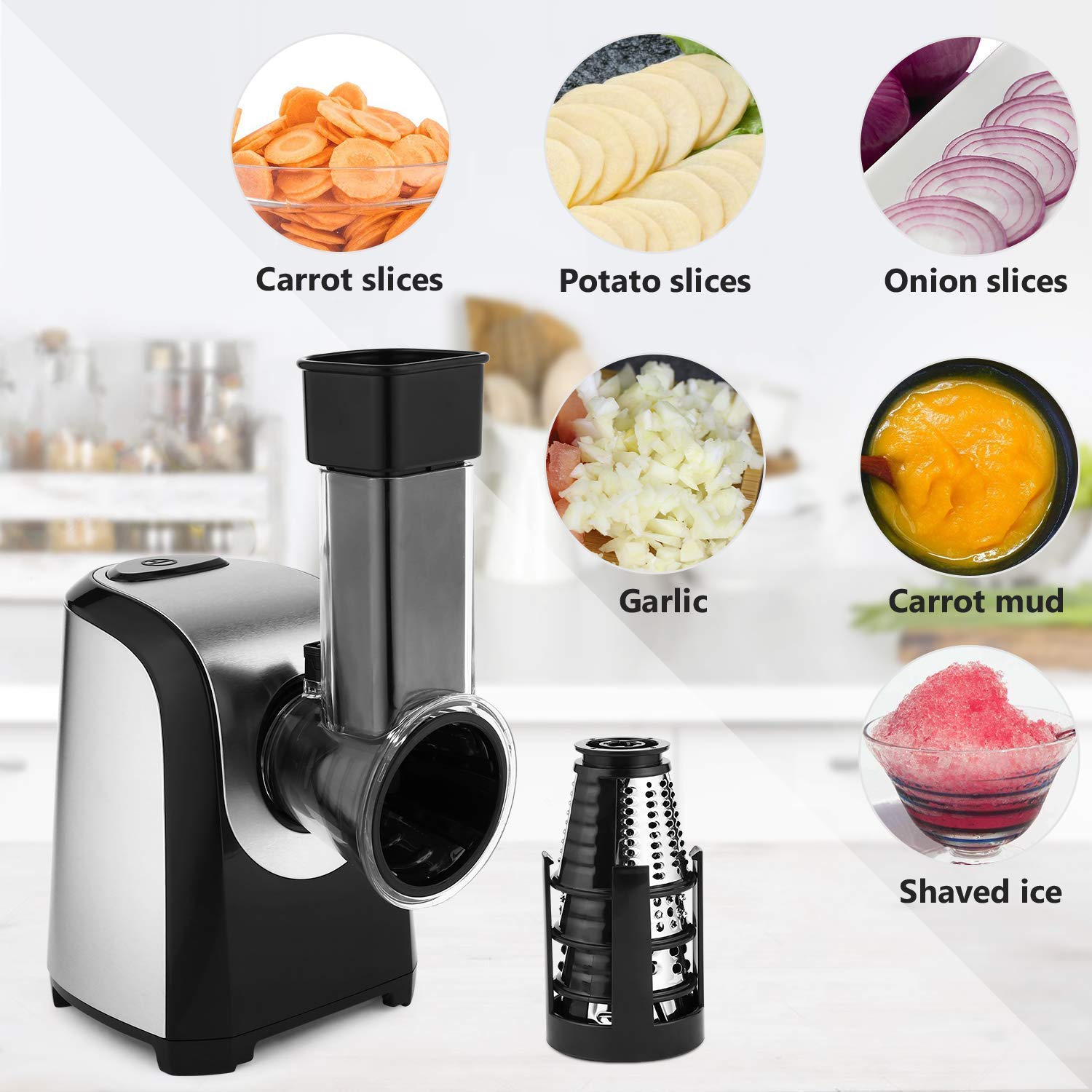 Plohee Electric Slicer Shredder Salad Shooter - 150W One-Touch Control Cheese Shredder, Fruits Vegetable Cutter Cheese Grater with 5 Attachments for Home Kitchen Use