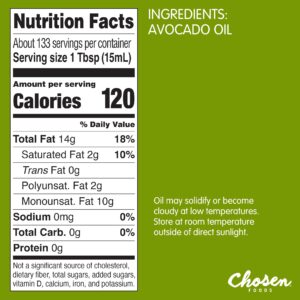 Chosen Foods 100% Pure Avocado Oil, Keto and Paleo Diet Friendly, Kosher Oil for Baking, High-Heat Cooking, Frying, Homemade Sauces, Dressings and Marinades (2 liters)