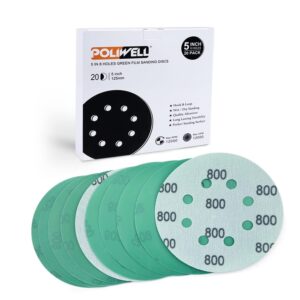 poliwell 5 inch sanding discs 8 holes 800 grit wet dry film-backed green line hook and loop dustless power random orbital sander paper, for car paint wood or metal grinding and polishing, 20 pack