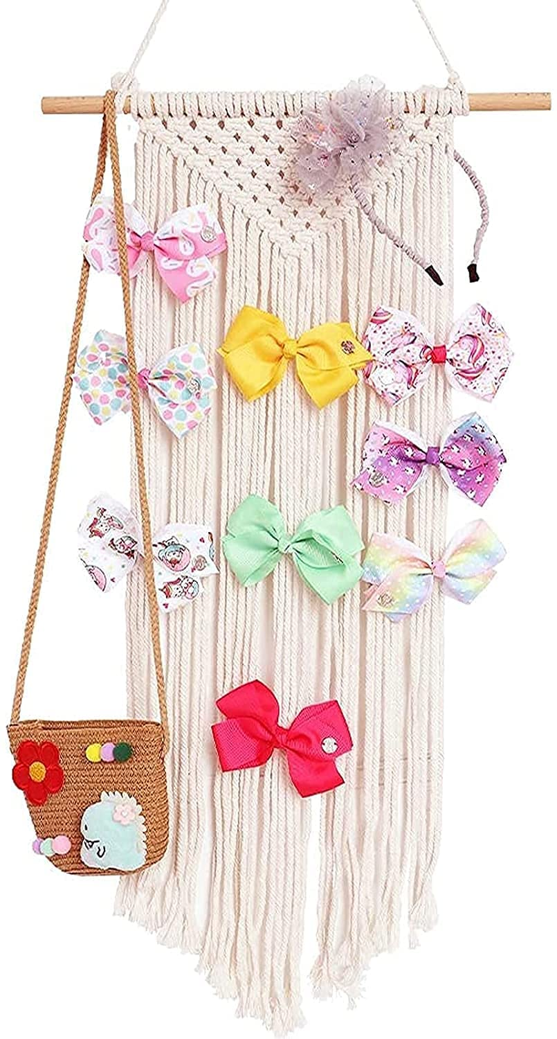 Habbi Macrame Hair Bow Holder Girl Clip Bow Organizer Wall Hanging Decor Hanging Hair Clips Hanger For Baby Girls Room