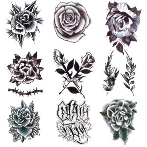 oottati waterproof 9 sheets back of hand fake temporary tattoo stickers - black gothic flower rose