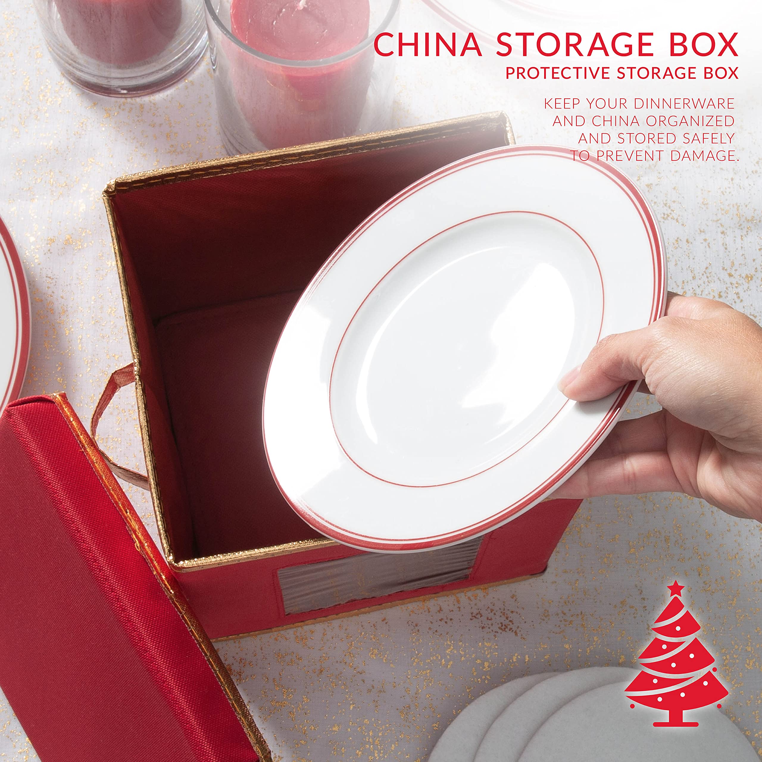 Simplify Holiday Saucer Plate Dinnerware Storage Box | 7.3 Inch | Christmas China | 12 Felt Dividers | Tableware Setting | Red