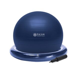 gaiam essentials balance ball & base kit, 65cm yoga ball chair, exercise ball with inflatable ring base for home or office desk, includes air pump - navy