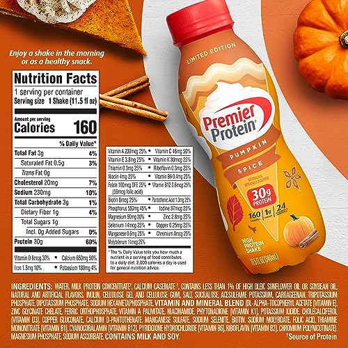 Premier Protein Shake Limited Edition 30g 1g Sugar 24 Vitamins Minerals Nutrients to Support Immune Health, Pumpkin Spice, 11.5 Fl Oz (Pack of 12)