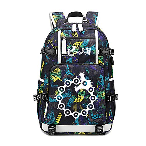 The Seven Deadly Sins Gold Print Oxford USB Charging Laptop Backpack Anime Travel Bagpack Men Large Bookbag(26)