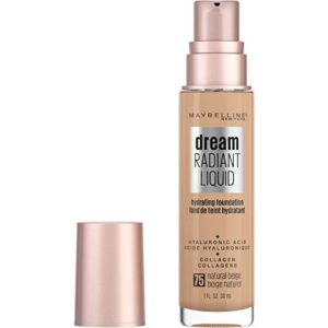 maybelline dream radiant liquid medium coverage hydrating makeup, lightweight liquid foundation, natural beige, 1 count