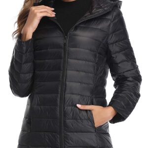 Obosoyo Women's Winter Packable Down Jacket Plus Size Lightweight Long Down Outerwear Puffer Jacket Hooded Coat Black XL