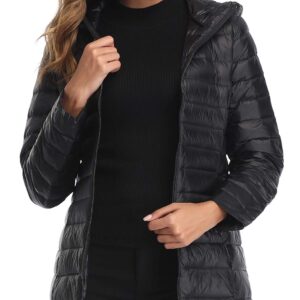 Obosoyo Women's Winter Packable Down Jacket Plus Size Lightweight Long Down Outerwear Puffer Jacket Hooded Coat Black XL