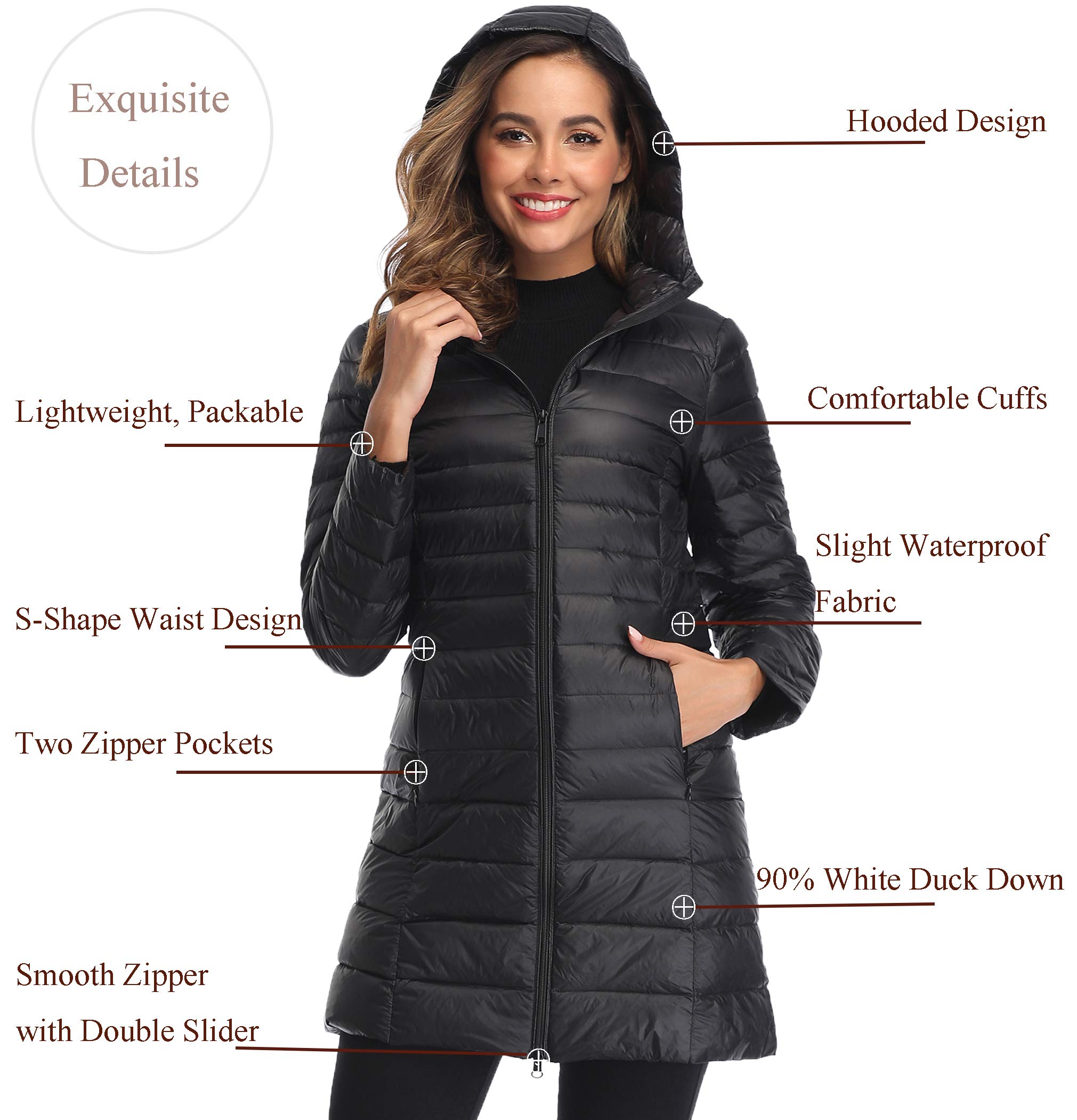 Obosoyo Women's Winter Packable Down Jacket Plus Size Lightweight Long Down Outerwear Puffer Jacket Hooded Coat Black XL