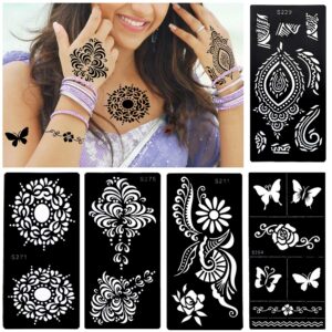 Konsait 10Sheets Large Temporary Tattoo Stencils, Reusable Henna Tattoo Sticker Template Feather Butterfly Mandala Flower Jewelry Face Body Art Glitter Tattoo Stencil Kit for Adults Women Girls