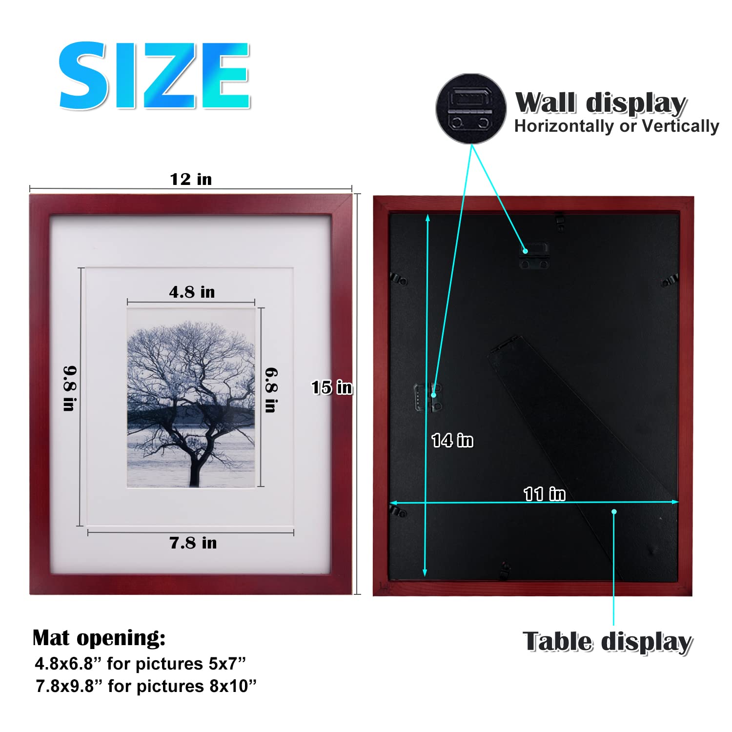 Egofine 11x14 Picture Frame Display Pictures 5x7/8x10 with Mat or 11x14 Without Mat Made of Solid Wood Covered by Plexiglass for Table Top Display and Wall Mounting Photo Frame, Dark Red