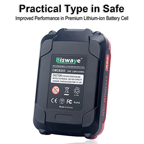 Biswaye 20V MAX Battery CMCB202 Replacement for Craftsman V20 Lithium Ion Battery CMCB204 CMCB202 CMCB201 (for All V20* Cordless Tools) CMCS300B CMCG400B CMCB104 CMCK700D2 CMCD700C1 CMCS714M1 CMCL030B