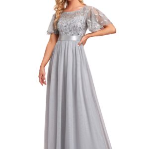 Ever-Pretty Women's Formal Dresses Crew Neck Sequin Ruffle Sleeve Empire Waist Beaded Long Evening Dresses Grey US16