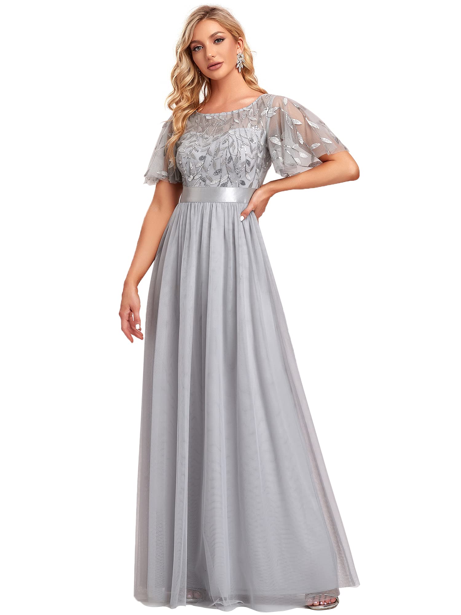 Ever-Pretty Women's Formal Dresses Crew Neck Sequin Ruffle Sleeve Empire Waist Beaded Long Evening Dresses Grey US16