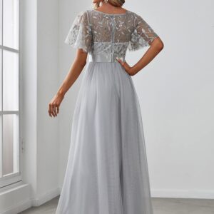 Ever-Pretty Women's Formal Dresses Crew Neck Sequin Ruffle Sleeve Empire Waist Beaded Long Evening Dresses Grey US16