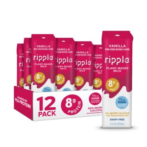 ripple non-dairy milk, vanilla | vegan milk with 8g pea protein | shelf stable single serve cartons | on-the-go | non-gmo, plant based, gluten free | 8 oz (pack of 12)