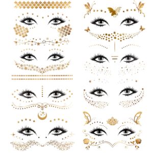 konsait 8 sheets face tattoo sticker metallic temporary transfer tattoo waterproof face jewels for women girls make up dancer costume parties, shimmer glitter gold tattoos,butterfly star freckle scale