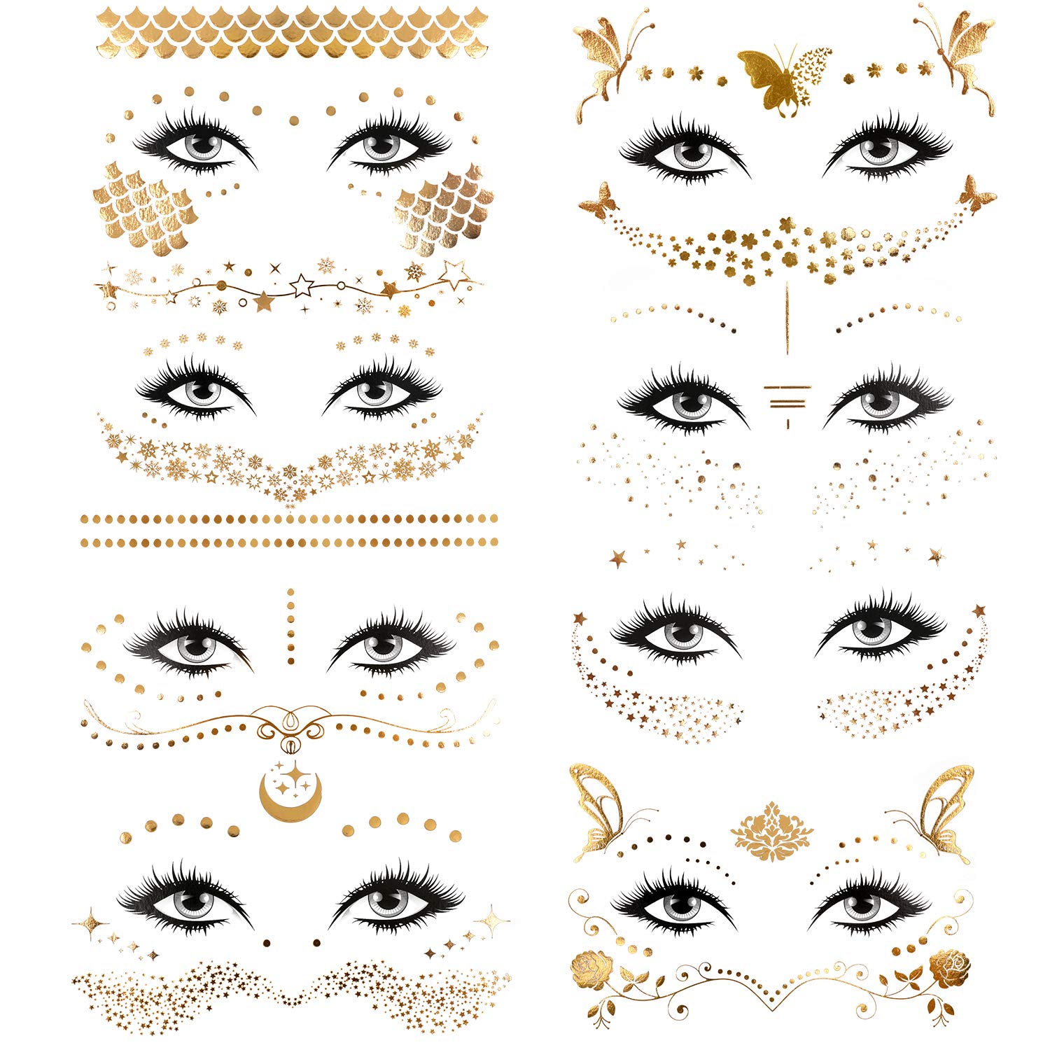 Konsait 8 Sheets Face Tattoo Sticker Metallic Temporary Transfer Tattoo Waterproof Face Jewels for Women Girls Make Up Dancer Costume Parties, Shimmer Glitter Gold Tattoos,Butterfly Star Freckle Scale