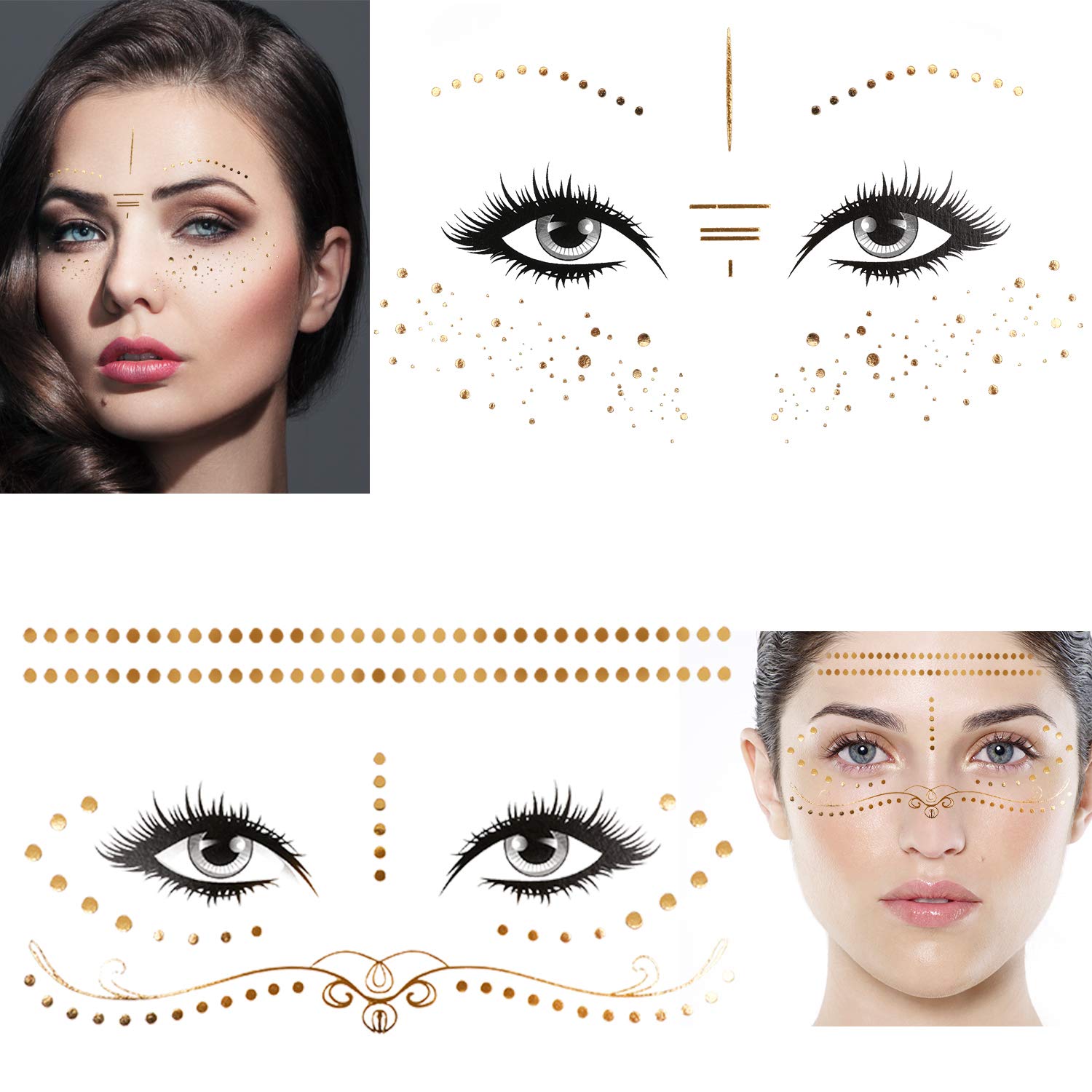 Konsait 8 Sheets Face Tattoo Sticker Metallic Temporary Transfer Tattoo Waterproof Face Jewels for Women Girls Make Up Dancer Costume Parties, Shimmer Glitter Gold Tattoos,Butterfly Star Freckle Scale