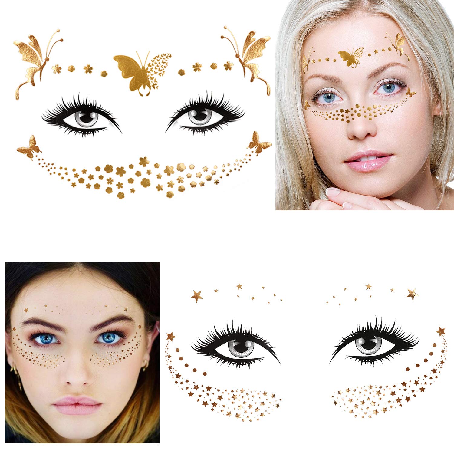 Konsait 8 Sheets Face Tattoo Sticker Metallic Temporary Transfer Tattoo Waterproof Face Jewels for Women Girls Make Up Dancer Costume Parties, Shimmer Glitter Gold Tattoos,Butterfly Star Freckle Scale