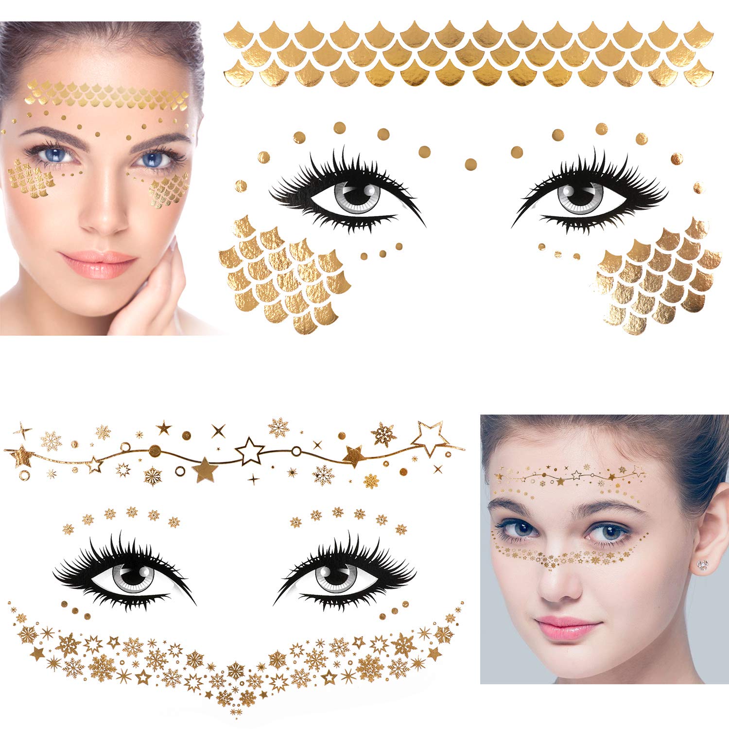 Konsait 8 Sheets Face Tattoo Sticker Metallic Temporary Transfer Tattoo Waterproof Face Jewels for Women Girls Make Up Dancer Costume Parties, Shimmer Glitter Gold Tattoos,Butterfly Star Freckle Scale