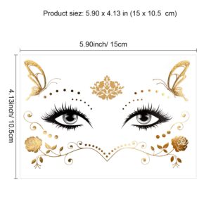 Konsait 8 Sheets Face Tattoo Sticker Metallic Temporary Transfer Tattoo Waterproof Face Jewels for Women Girls Make Up Dancer Costume Parties, Shimmer Glitter Gold Tattoos,Butterfly Star Freckle Scale