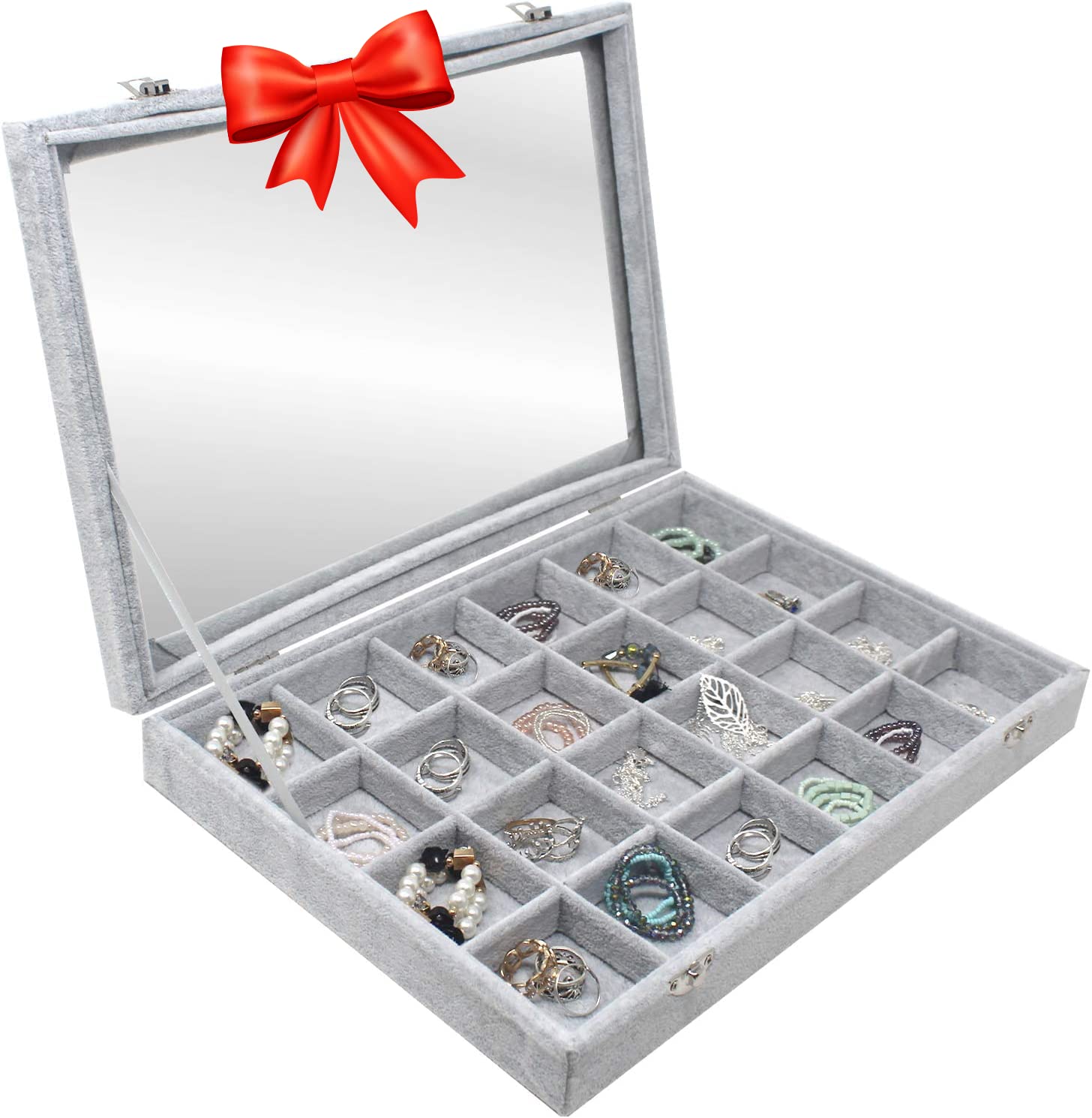 Hivory Jewelry Organizer Box - Earrings & Rings Accessories Display & Storage Tray - 24 Grid Large Showcase Holder - Jewelry Display Tray with Transparent Lid(Grey)