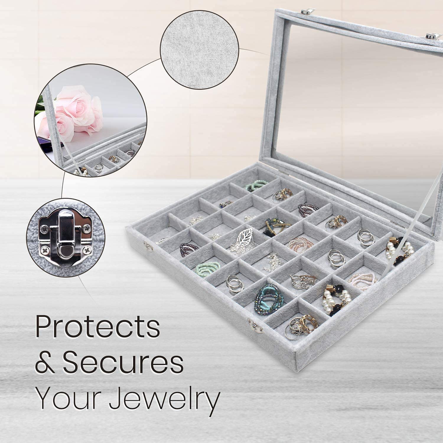 Hivory Jewelry Organizer Box - Earrings & Rings Accessories Display & Storage Tray - 24 Grid Large Showcase Holder - Jewelry Display Tray with Transparent Lid(Grey)