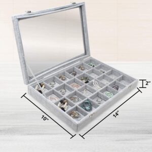 Hivory Jewelry Organizer Box - Earrings & Rings Accessories Display & Storage Tray - 24 Grid Large Showcase Holder - Jewelry Display Tray with Transparent Lid(Grey)