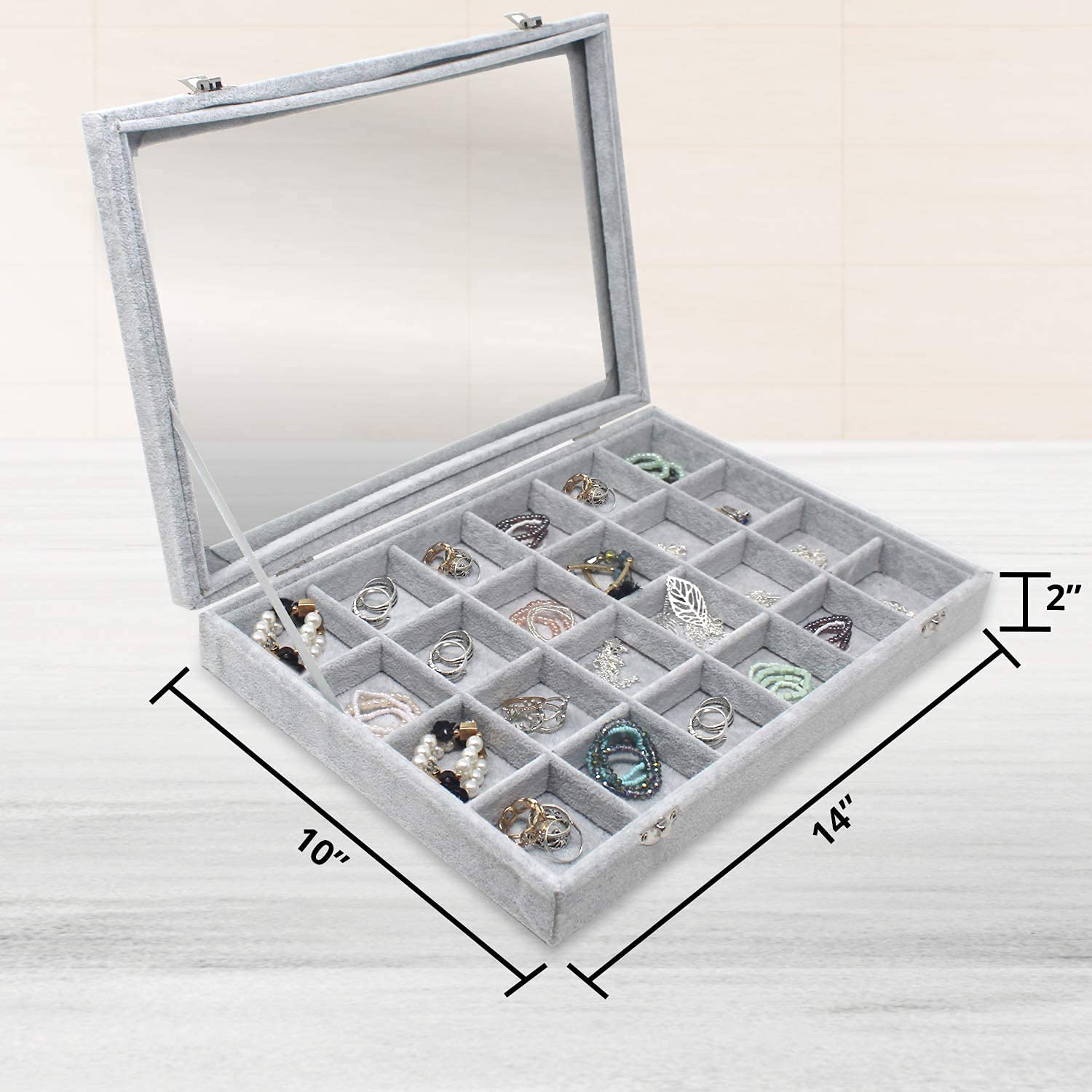 Hivory Jewelry Organizer Box - Earrings & Rings Accessories Display & Storage Tray - 24 Grid Large Showcase Holder - Jewelry Display Tray with Transparent Lid(Grey)