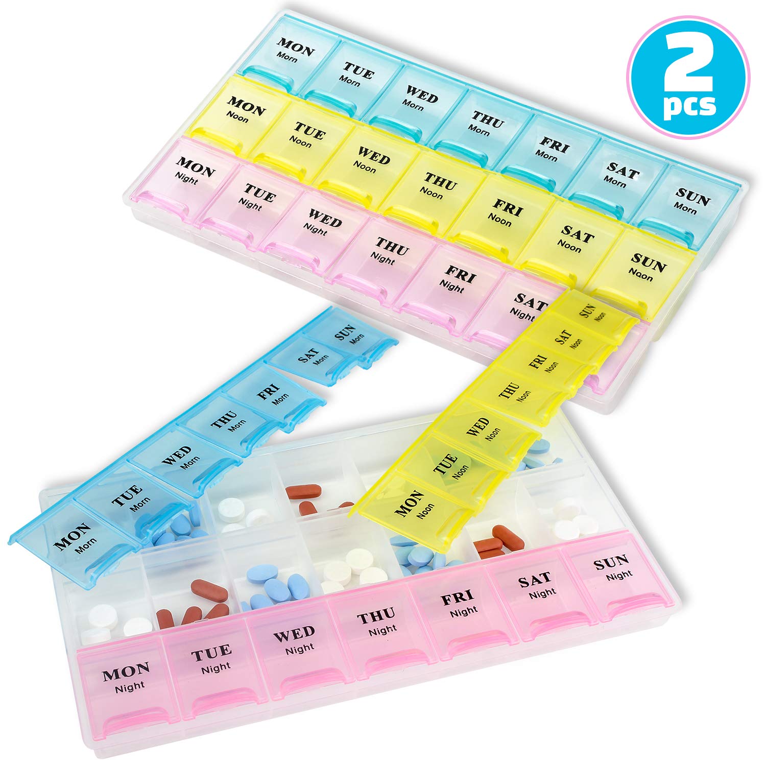 Weekly Pill Organizer - (Pack of 2) 21 Day Pill Planners for Pills Vitamins & Medication, Pill Box 3 Times-a-Day Medication Reminder Boxes, Easy to Read & Travel Friendly