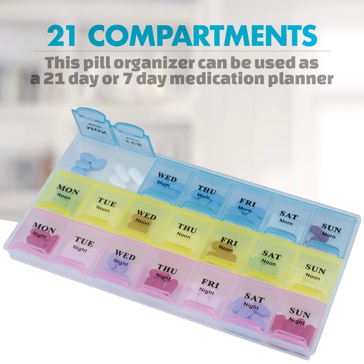 Weekly Pill Organizer - (Pack of 2) 21 Day Pill Planners for Pills Vitamins & Medication, Pill Box 3 Times-a-Day Medication Reminder Boxes, Easy to Read & Travel Friendly