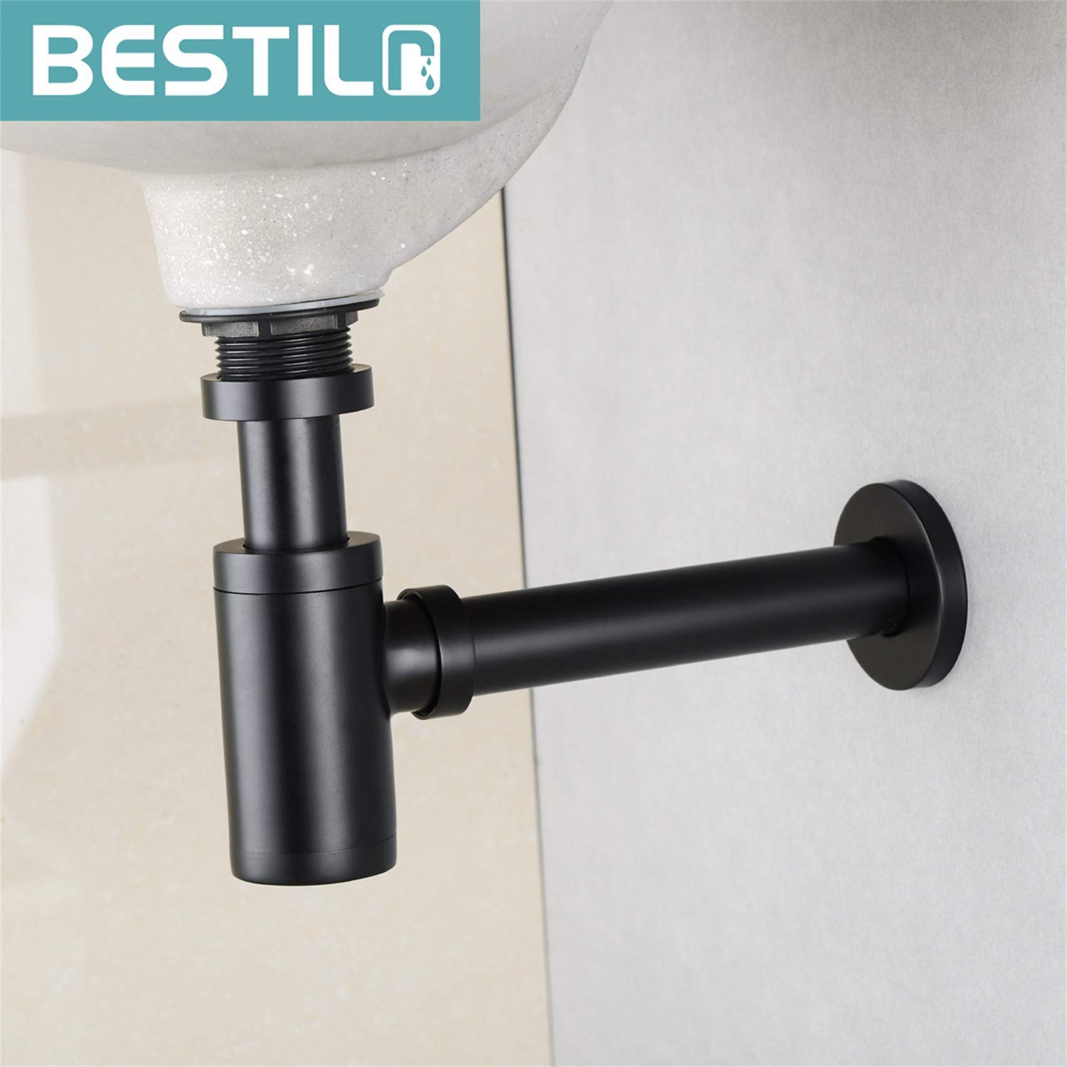 BESTILL Bottle P Trap Drain Kit for Bathroom Basin Sink, Matte Black