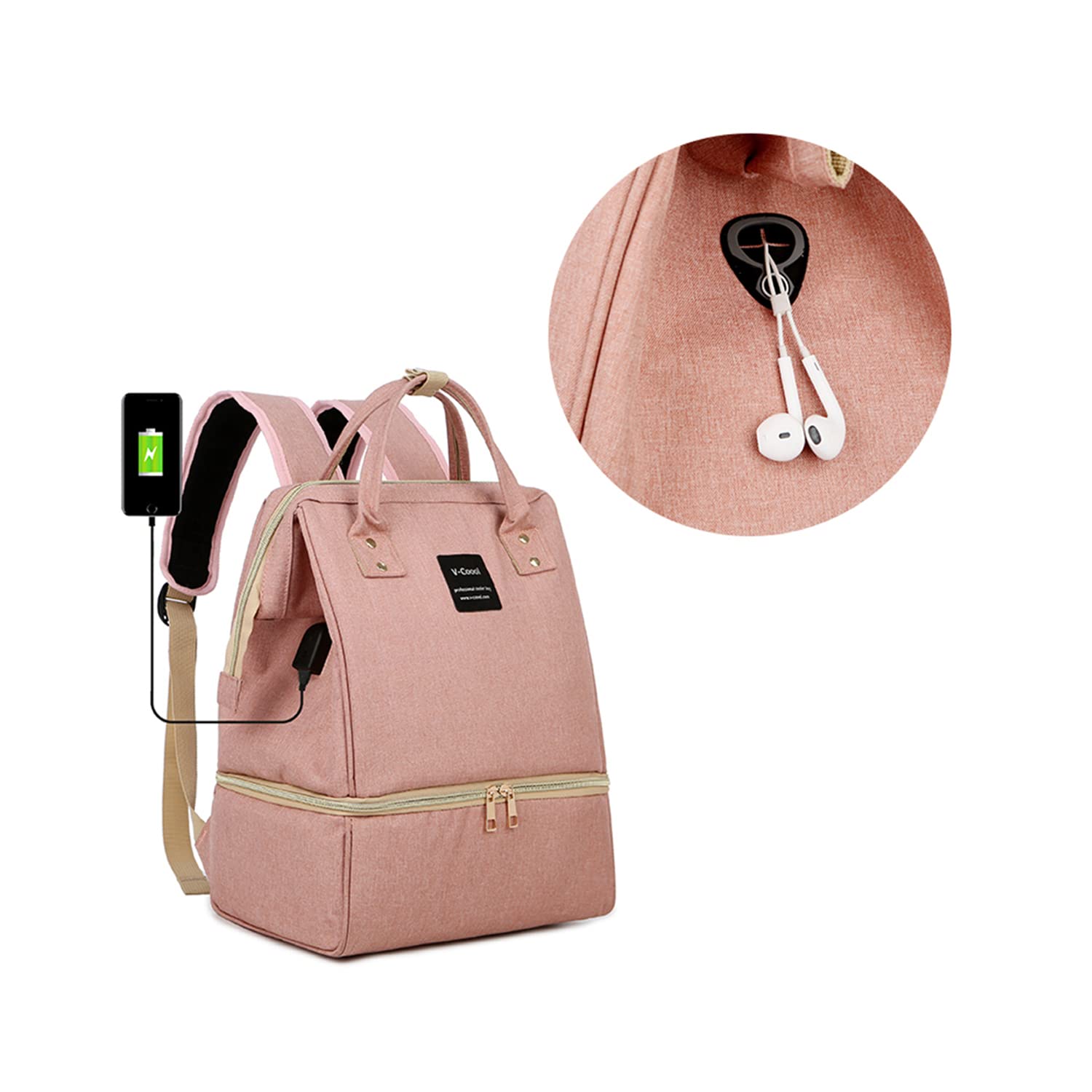 V-COOOL Breast Pump Bag with Cooler Double-layer Fresh-Keeping Bag Double Layer for Mother Outdoor Working Backpack with USB Charging Port(Pink)