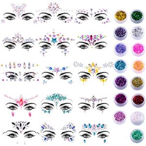 duufin 15 sets face jewels stickers face gems glitter mermaid face crystal with 15 boxes chunky face glitter temporary tattoos for festival rave carnival party