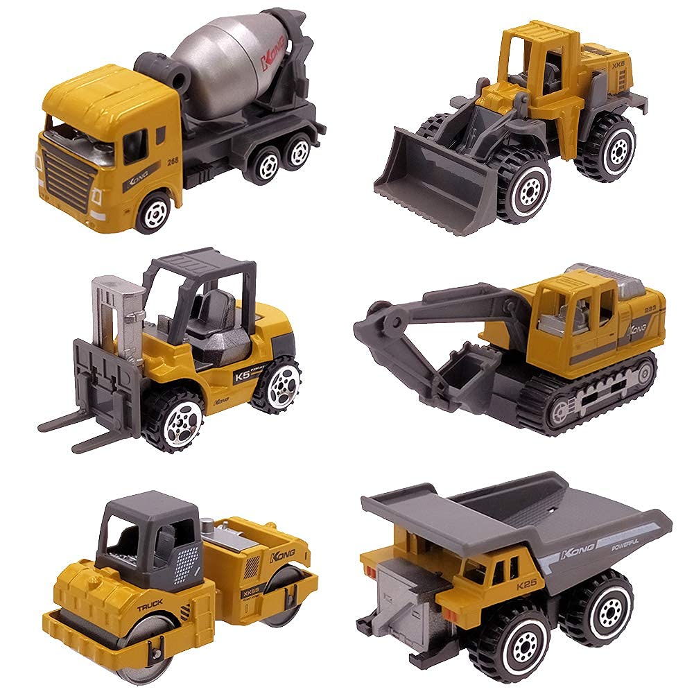 Kids Diecast Construction Vehicles Metal Engineering Cars Set Toys Play Trucks for Boys Age 3 4 Birthday Party Supplies Cake Topper (Pack of 6)