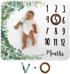 baby monthly milestone blanket | includes wooden wreath and pacifier clip | 1 to 12 months | premium extra soft fleece | best photography backdrop prop for newborn boy & girl