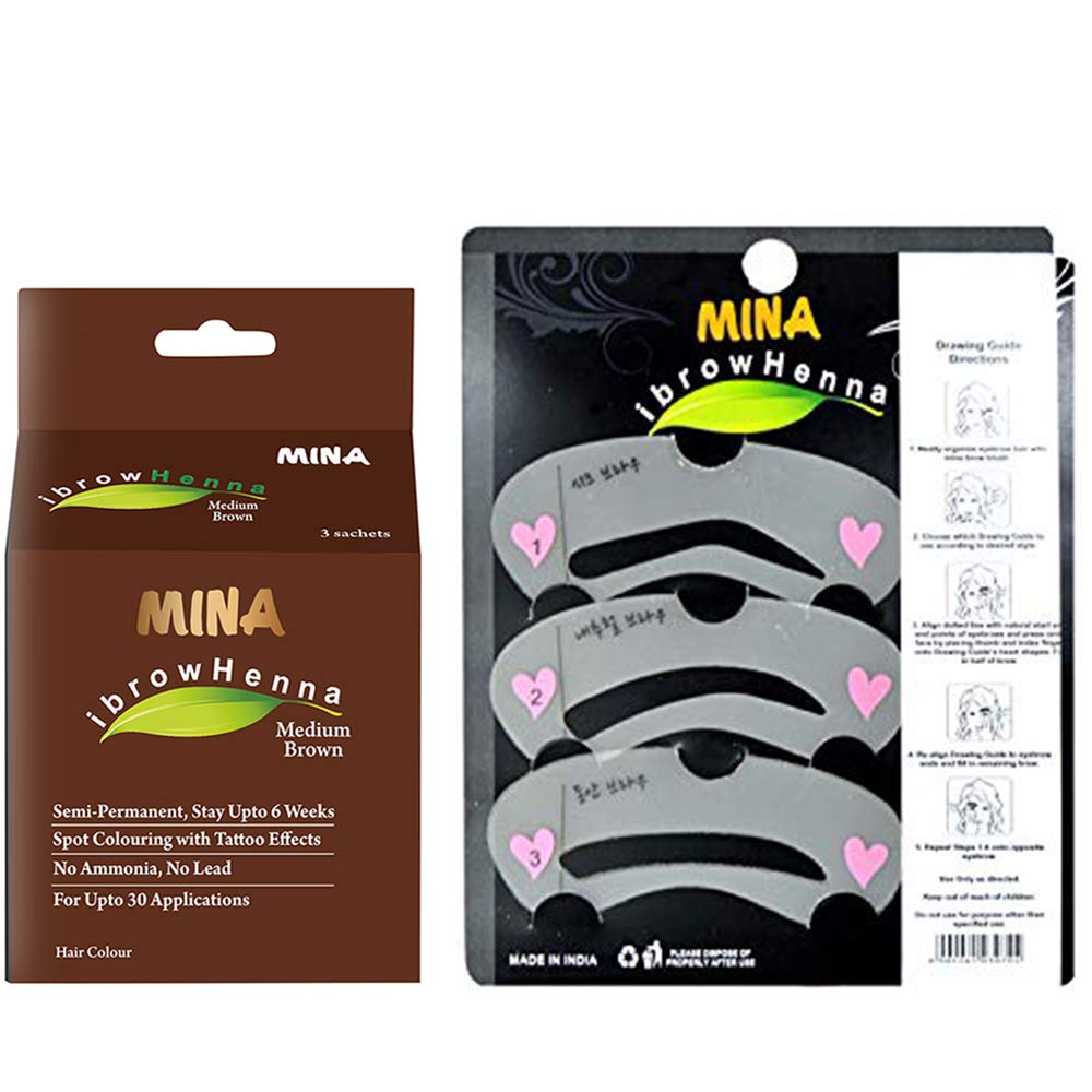 Mina ibrow Henna Tinting Kit & Regular Pack Light Brown with Eyebrow Stencils-Combo Pack