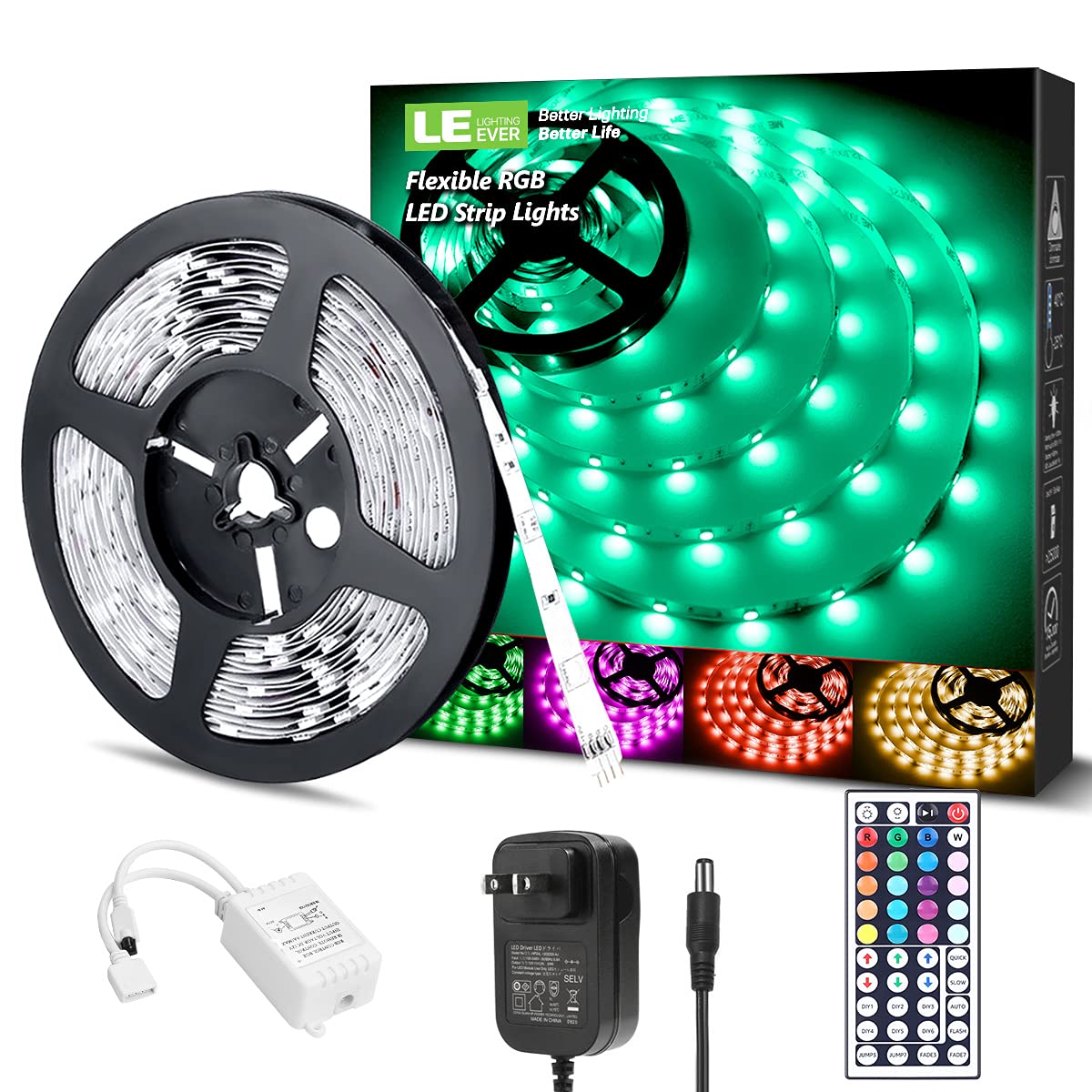 LE LED Strip Lights, RGB 5050 LED Strips with Remote Controller, Color Changing Tape Light with 12V Power Supply for Room, Bedroom, TV, Kitchen, Desk